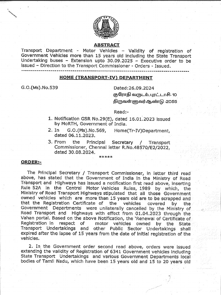 G.O (MS) No.539, Home Transport-IV Dept, DT 26.09.2024 - Validity of ...