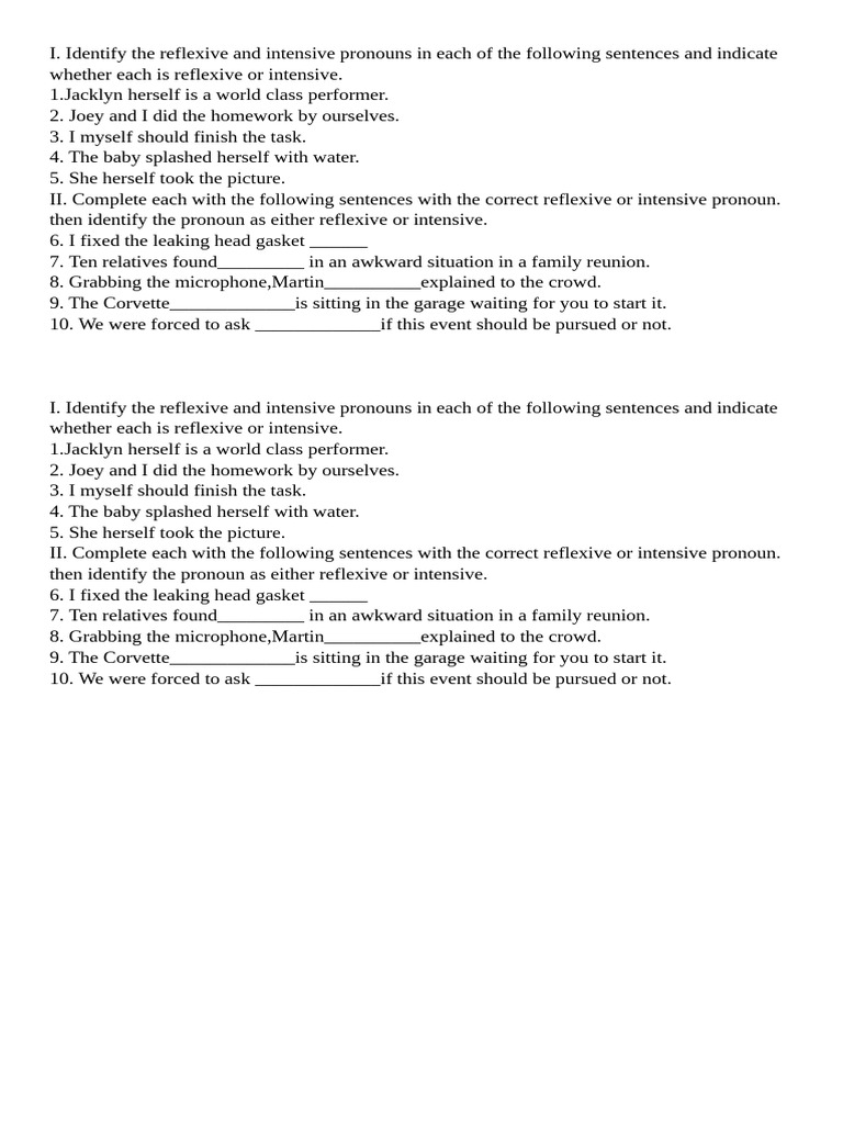 Reflexive Intensive Pronouns Test | PDF | Language Arts & Discipline