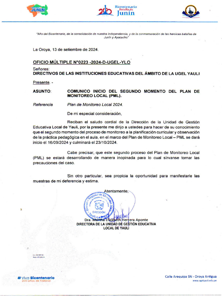 Oficio Mult N°0223 Inicio de PML - Ii Momento | PDF