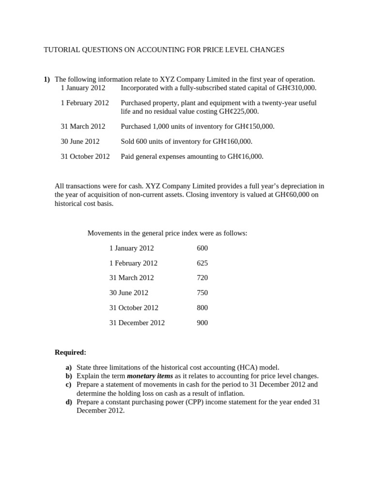 Tutorial Questions On Accounting For Price Level Changes | PDF ...