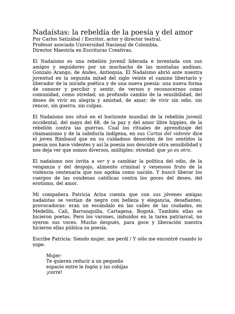 Nadaístas - La Rebeldía de La Poesía y Del Amor | PDF | Poesía