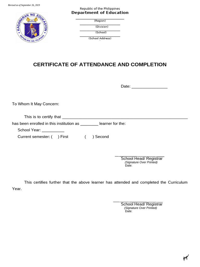 2020 - Certificate of Enrolment and Attendance Completion | PDF