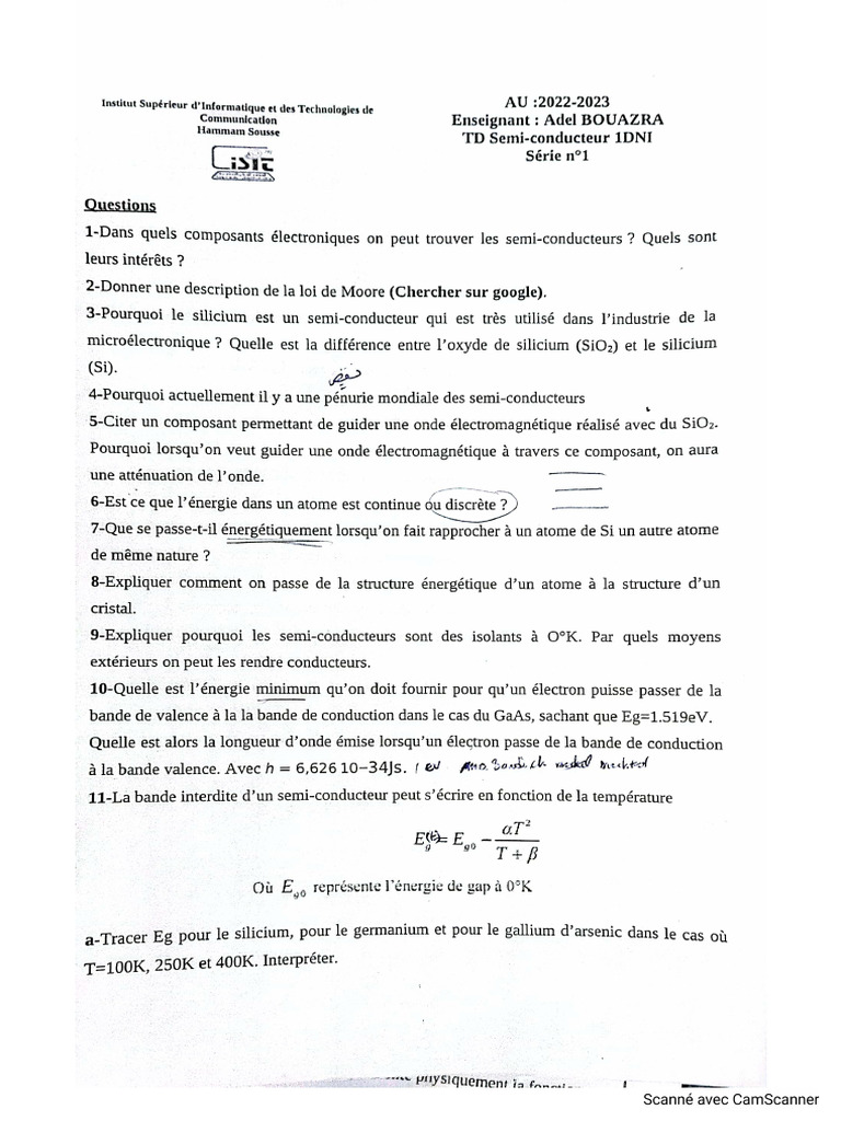 Semi-Conducteur Td1 - 2 - 3 Correction + Examen 2022 | PDF