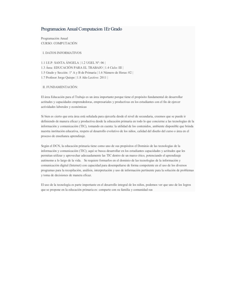 Programacion Anual Computacion 1er Grado | PDF