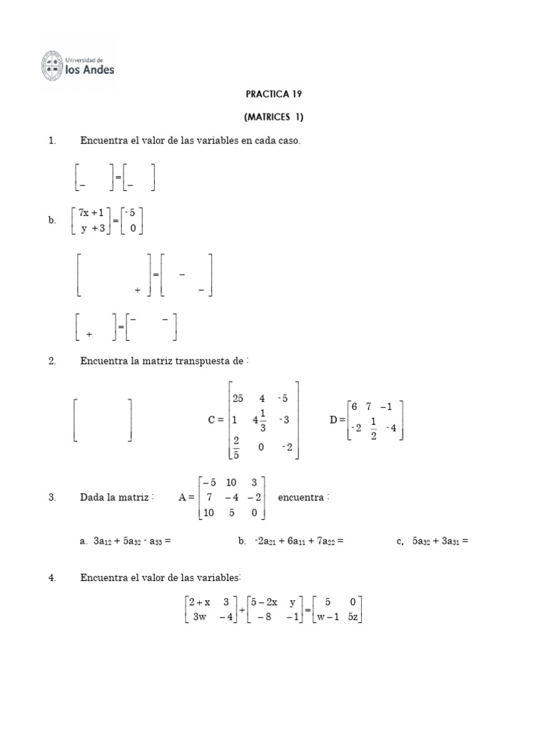 PRACTICA 19 (Matrices 1) | PDF | Matriz (Matemáticas) | Física Matemática