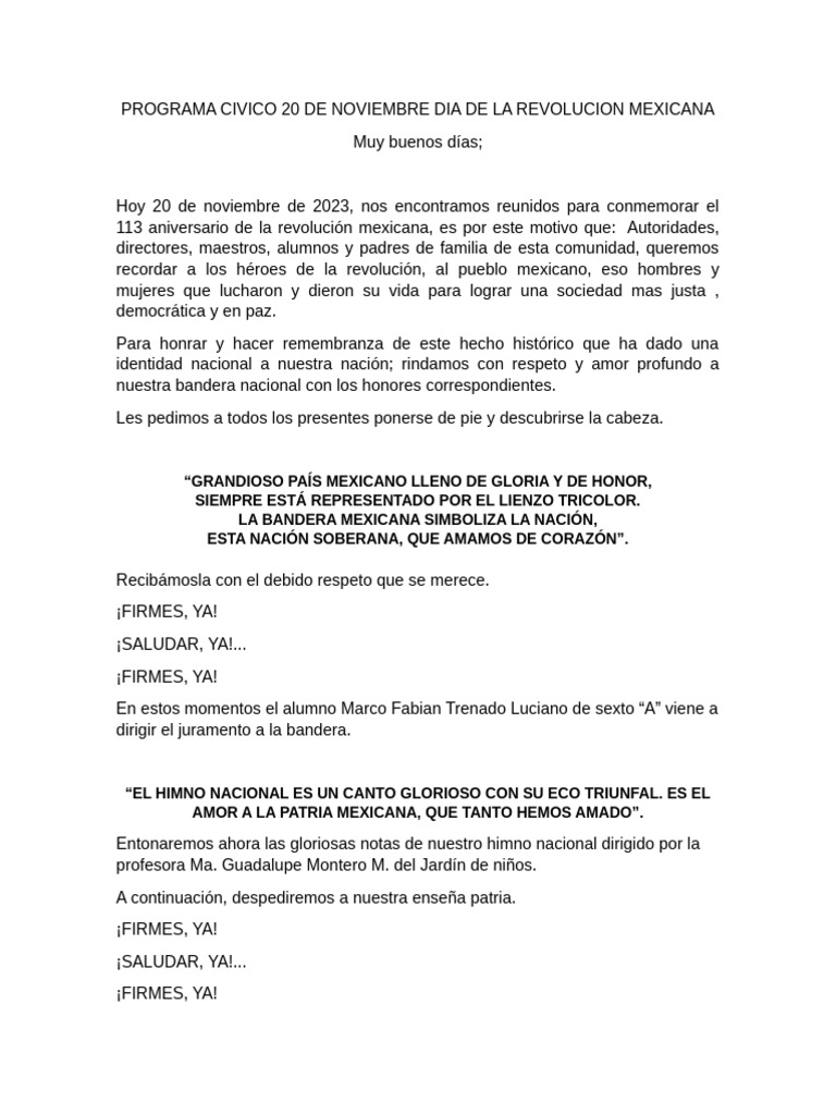 Programa Civico 20 de Noviembre Dia de La Revolucion Mexicana | PDF | México | revolución mejicana