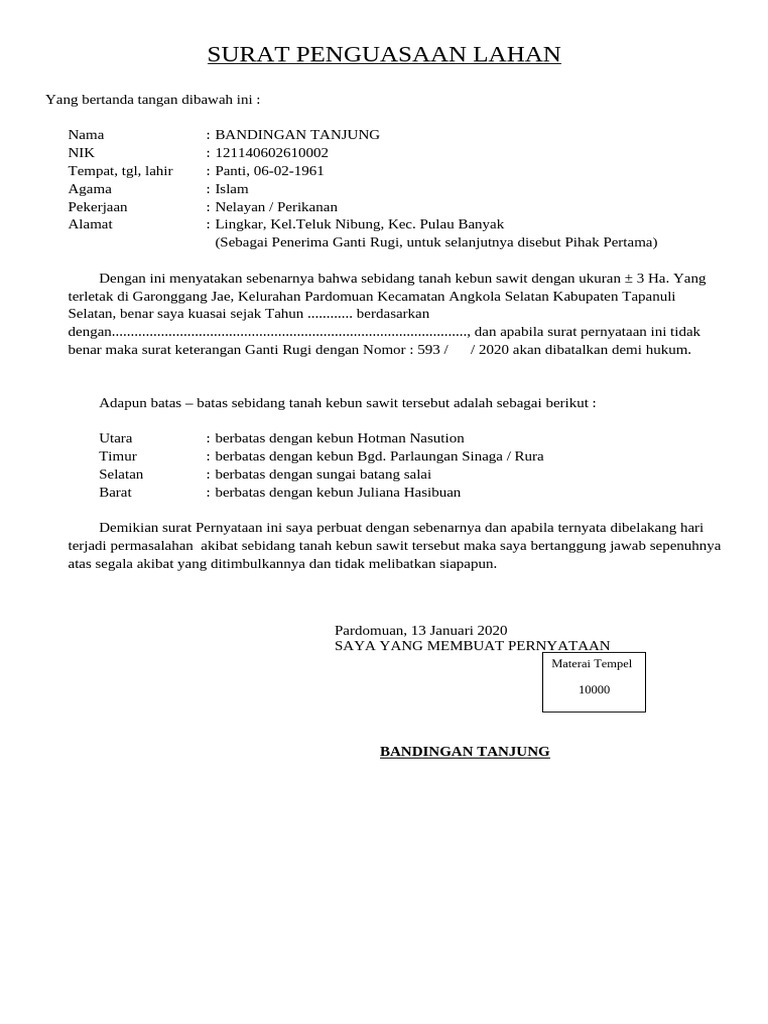 Surat Penguasaan Lahan | PDF