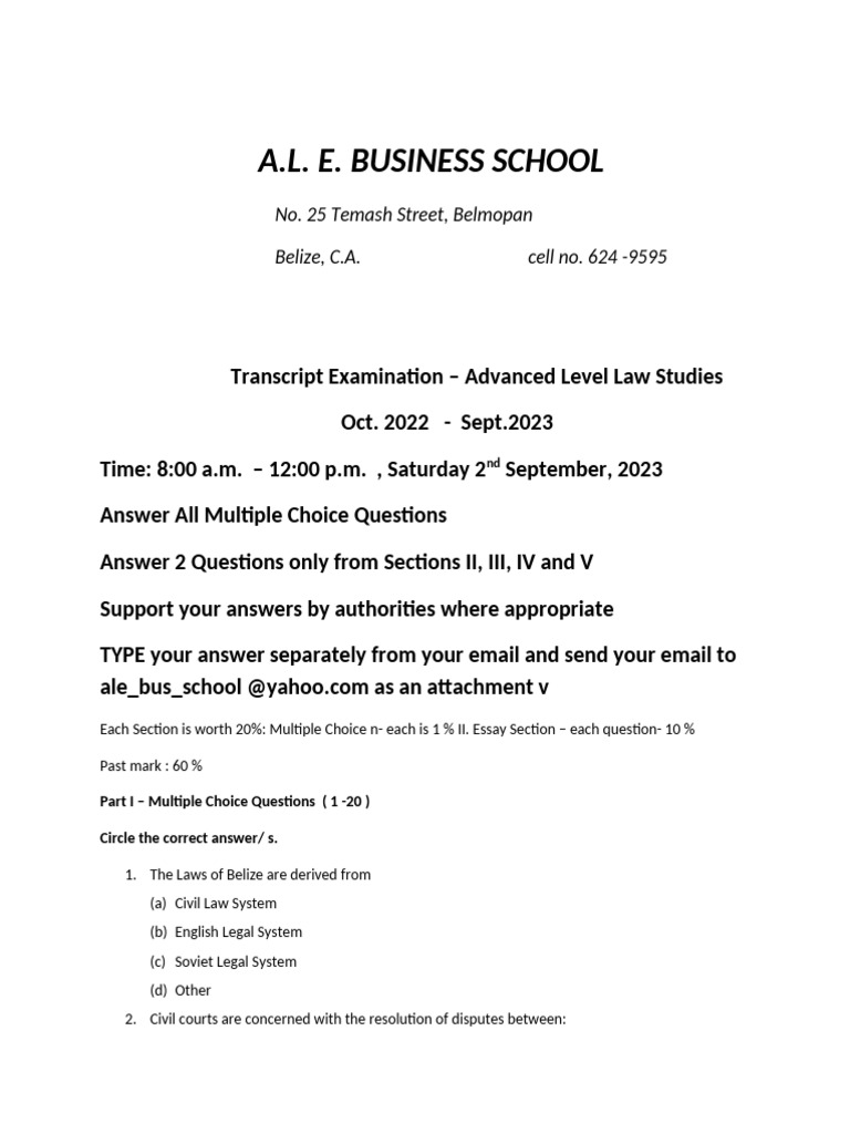 Transcript Examination 2023 - Advanced Level Law (A. L. E. BUSINESS SCHOOL) | PDF | Equity (Law ...