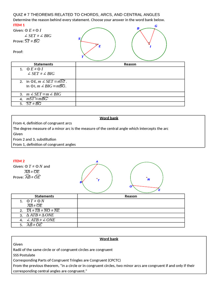 Quiz # 7 Theorems Related To Chords, Arcs, and Central Angles | PDF | Euclidean Plane Geometry ...