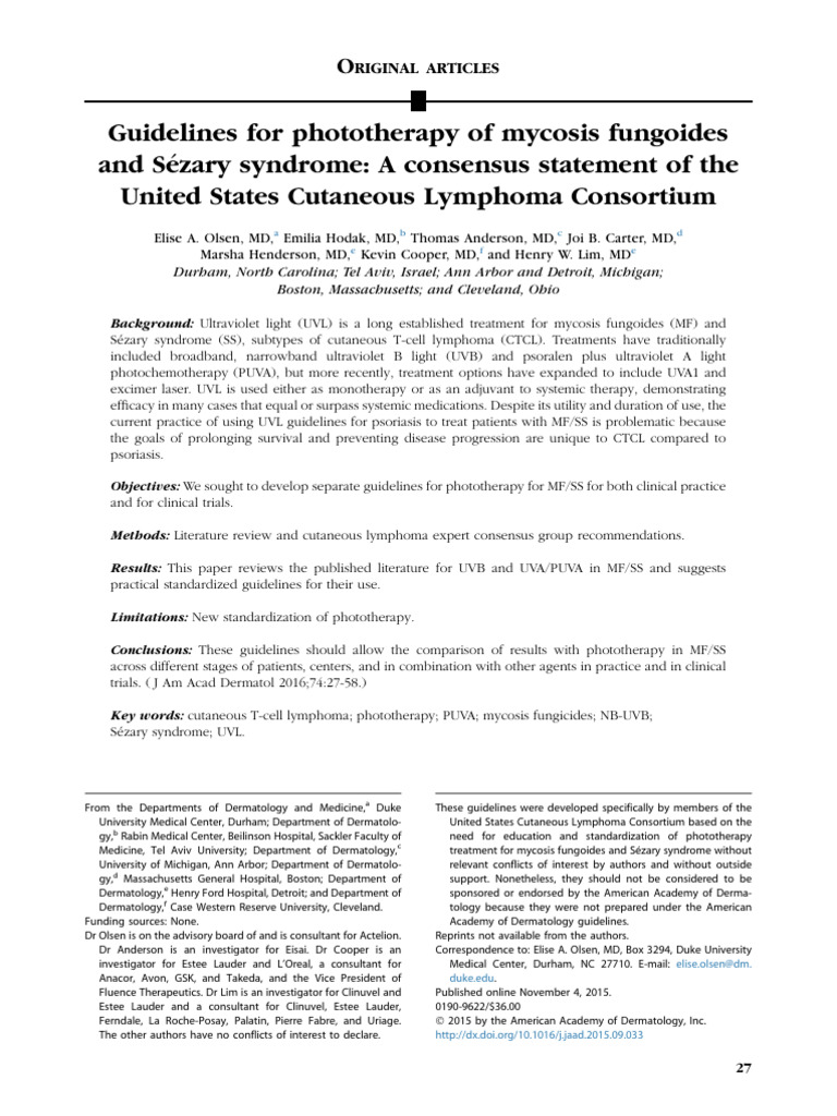 Guidelines For Phototherapy of Mycosis Fungoides | PDF | Ultraviolet | Medical Specialties
