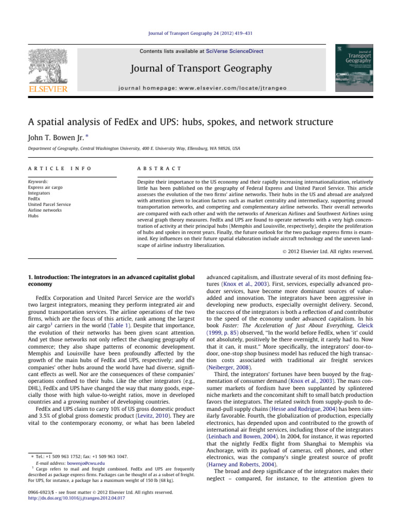A spatial analysis of FedEx and UPS hubs, spokes, and network structur | PDF | Airline Hub ...