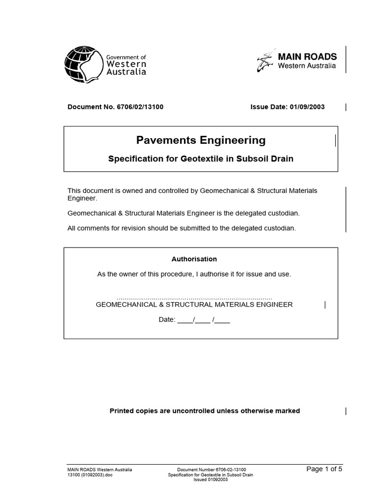 Pavements Engineering: Specification For Geotextile in Subsoil Drain | PDF | Textiles | Fibers