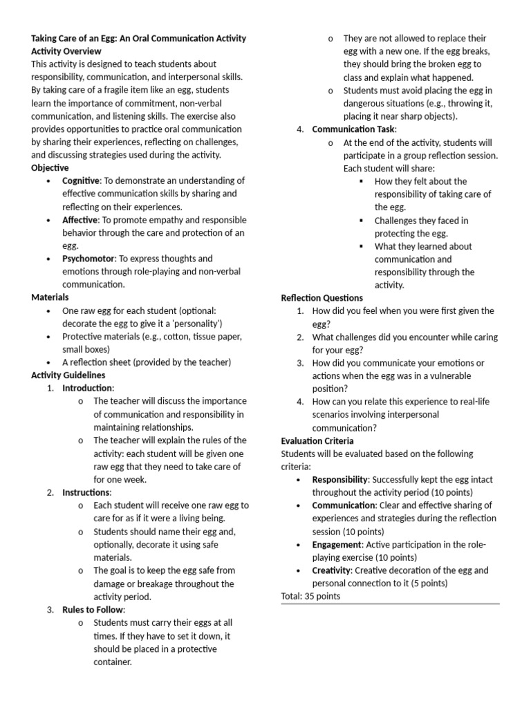Egg Care Activity for Communication Skills | PDF | Communication | Empathy