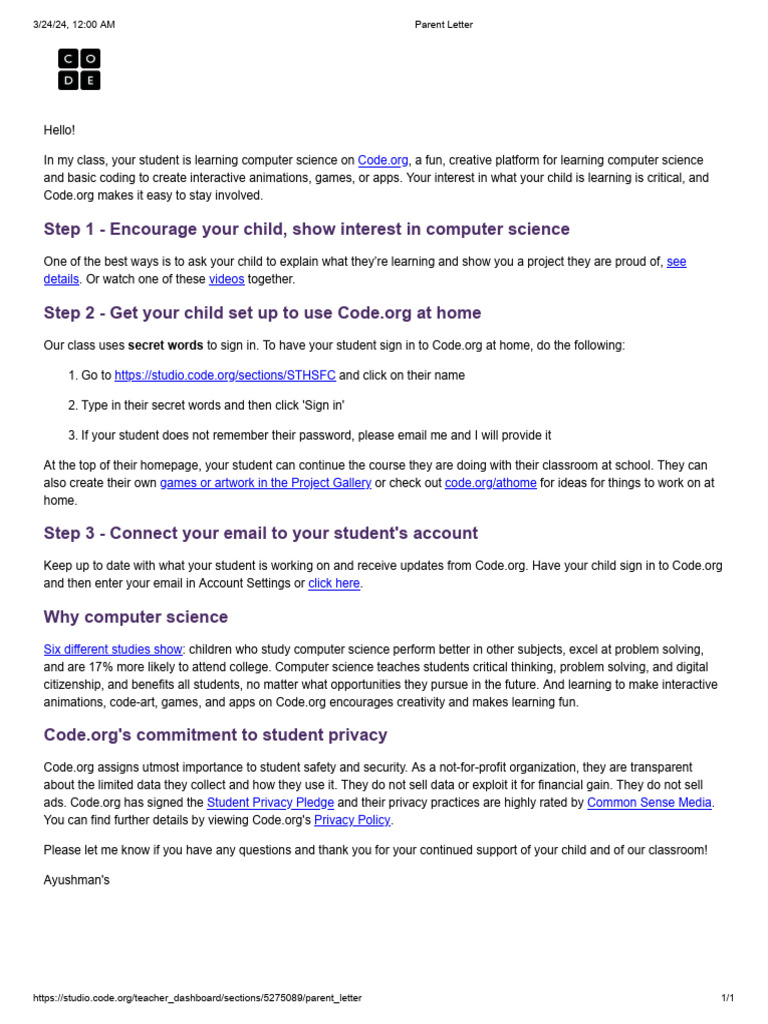 Parent Letter | PDF | Science | Privacy