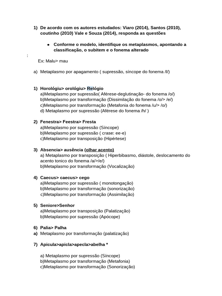 Ativ. Metaplasmos | PDF | Estresse (Linguística) | Fonética