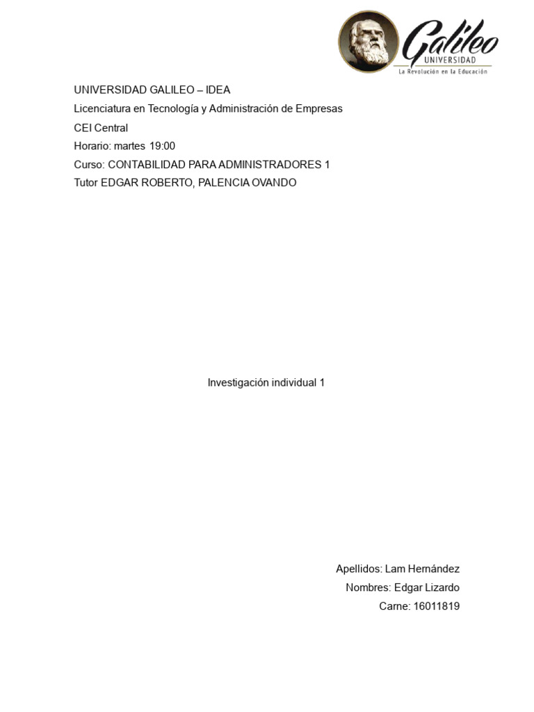CONTABILIDAD PARA ADMINISTRADORES 1 Investigación Individual 1 Edgar Lam 16011819 | PDF