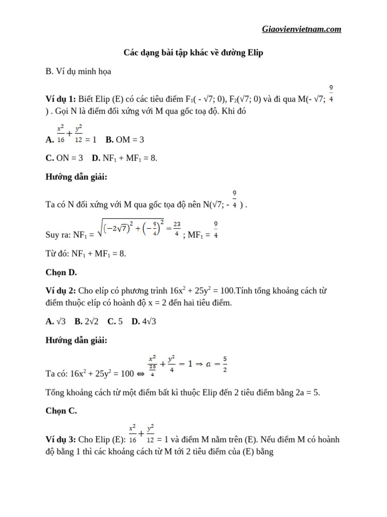 Các dạng bài tập khác về đường Elip | PDF