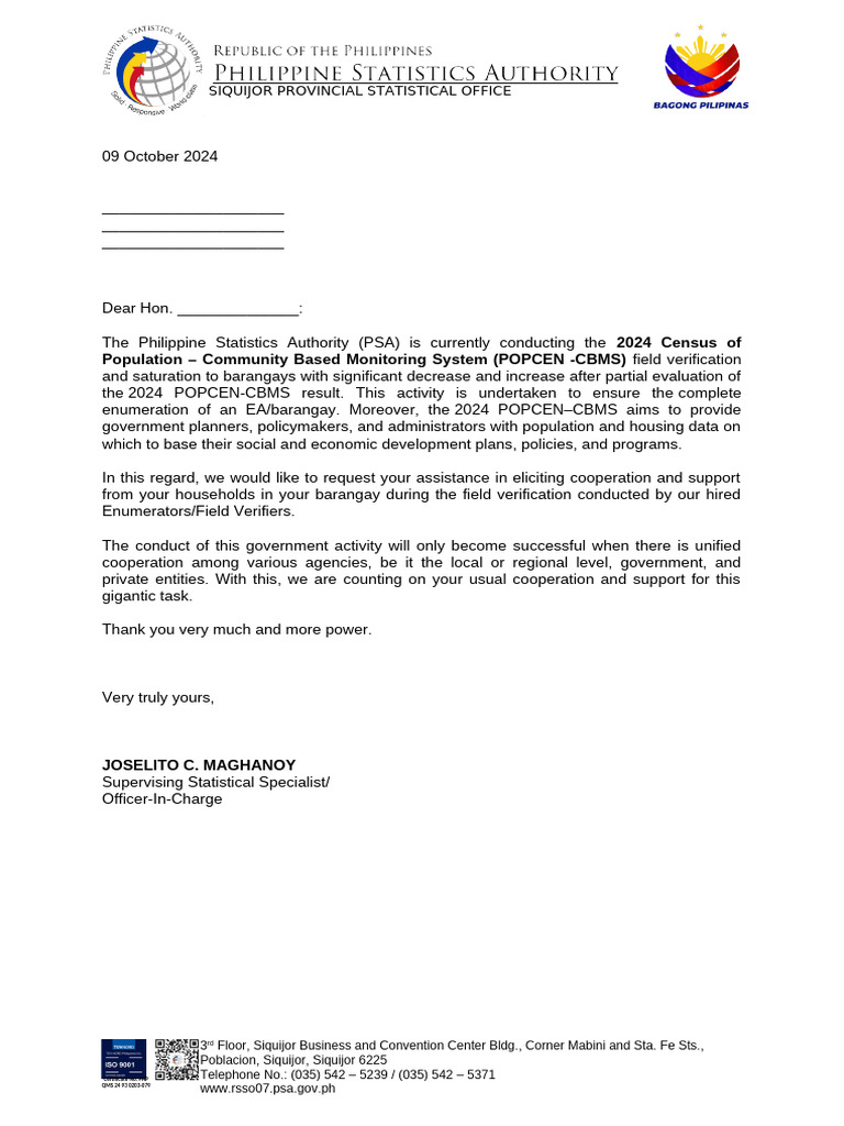 Barangay Support for Census Verification | PDF | Business | Social Science