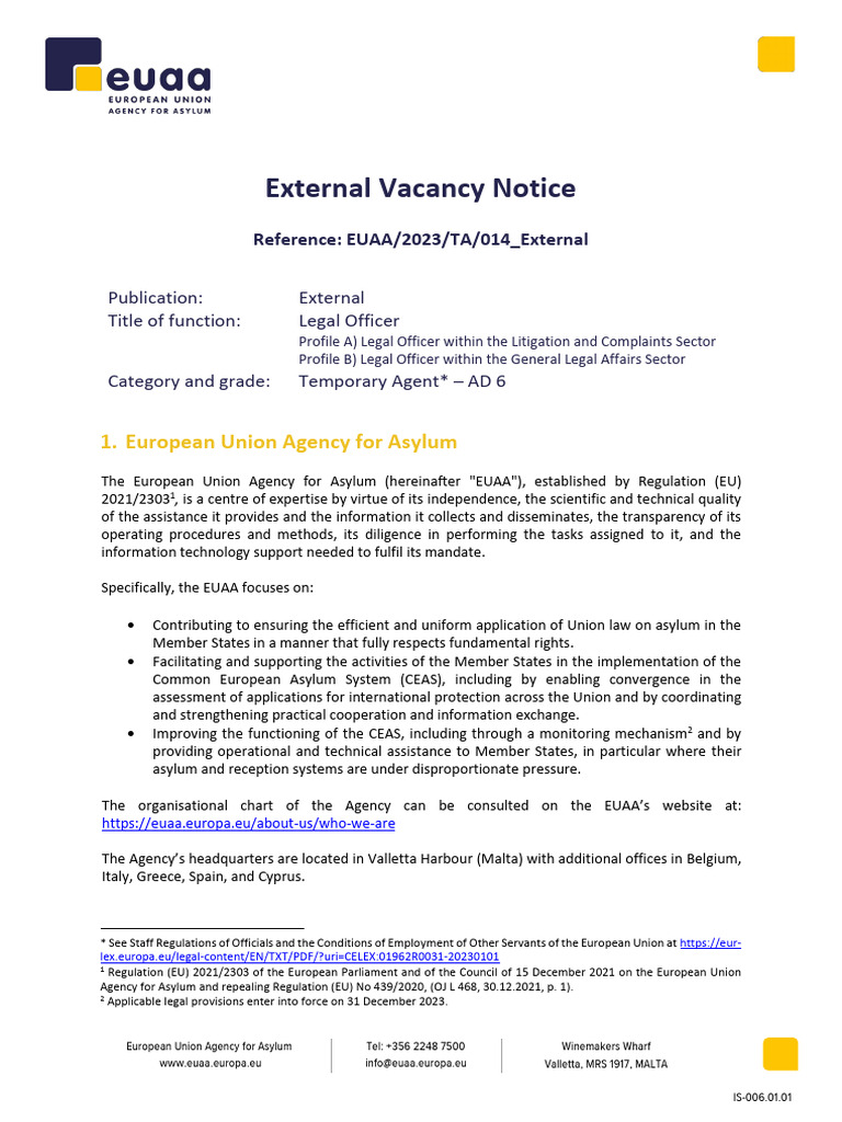 EUAA Legal Officer Vacancy Notice | PDF | European Union | Lawsuit