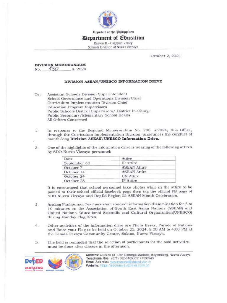 DM No. 430 S. 2024 Division Asean Unesco Information Drive | PDF