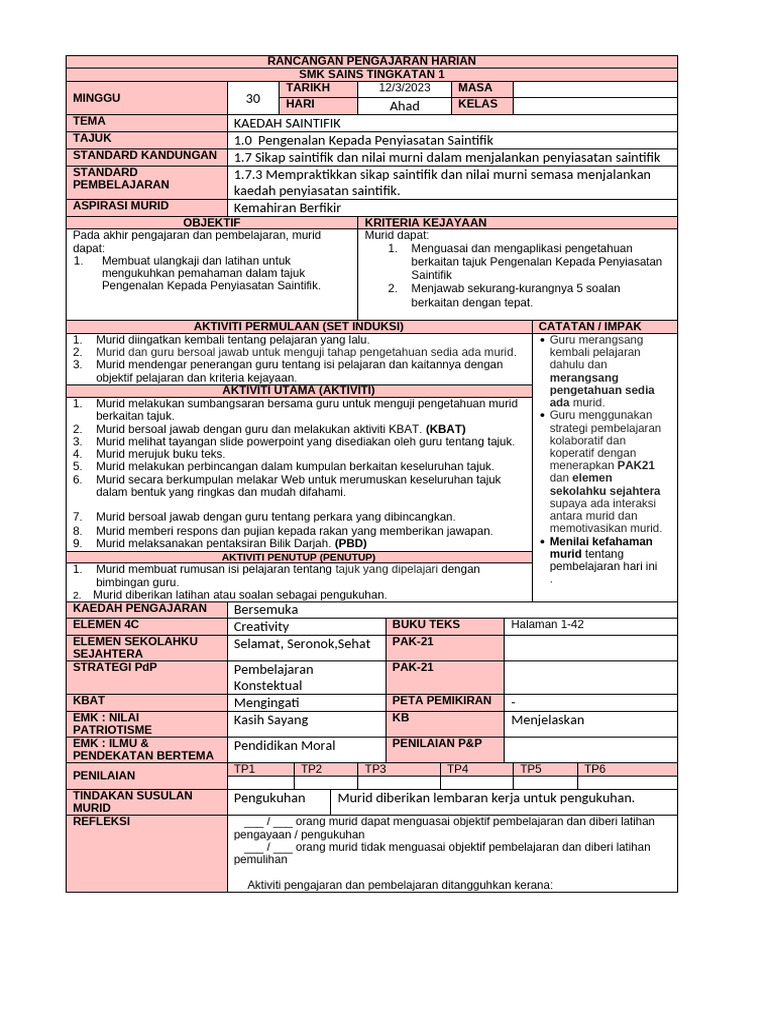 RPH Minggu 30 Sains Tingkatan 1 2023-2024 by Cikgu Gorgeous | PDF