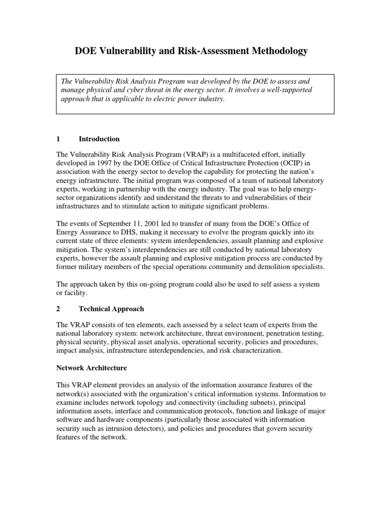 DOE - Vulnerability & Risk Assessment Methodology | PDF | Threat (Computer) | Vulnerability ...