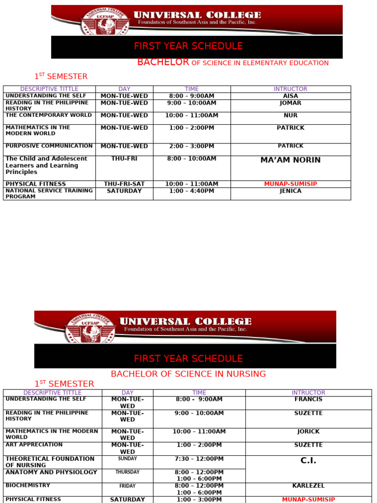 First Year Course Schedules by Major | PDF | Science