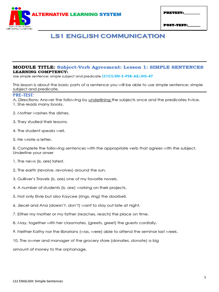 LS1 ENGLISH - SubjectVerb Agreement - Simple Sentence | PDF | Subject ...
