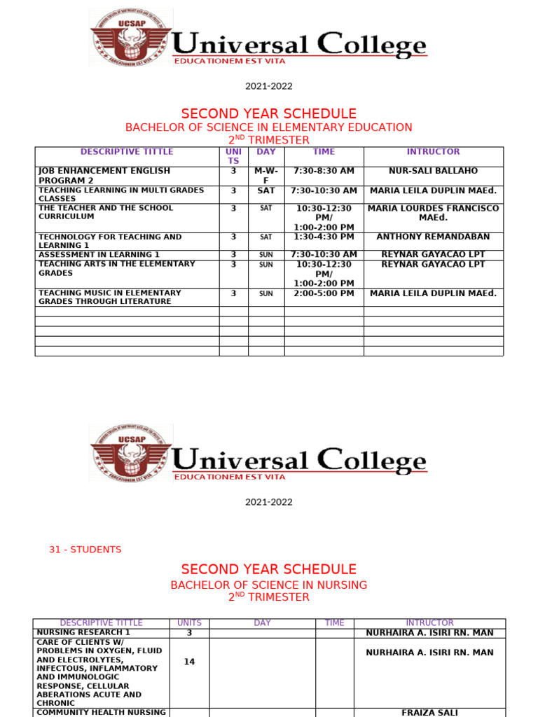 2ND Year 2ND Trimester 2020-2021 Schedule - 091407 | PDF