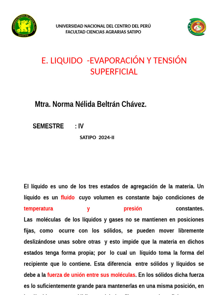 E. Liquido - Evaporación Y Tensión Superficial: Mtra. Norma Nélida ...