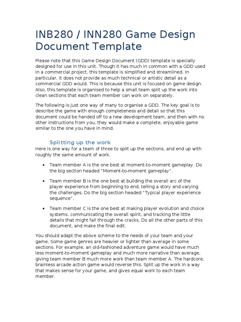 INB280 / INN280 Game Design Document Template: Splitting Up The Work ...