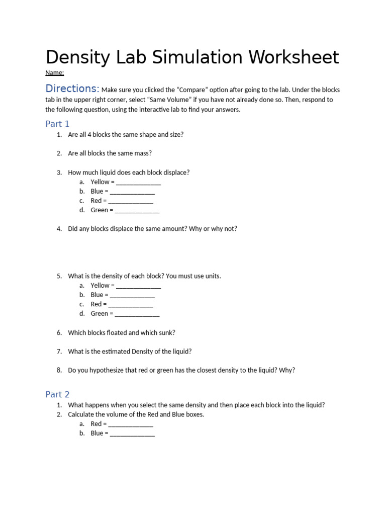 Density Lab Simulation Worksheet | PDF