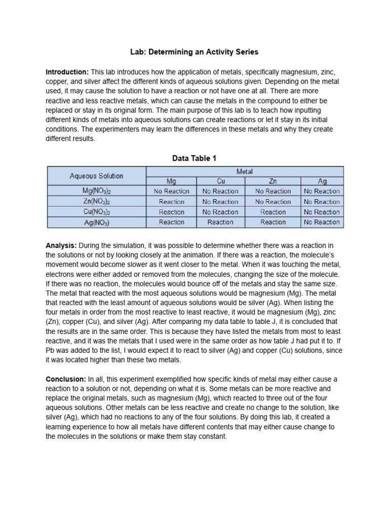 LAB - Determining An Activity Series | PDF | Silver | Metals