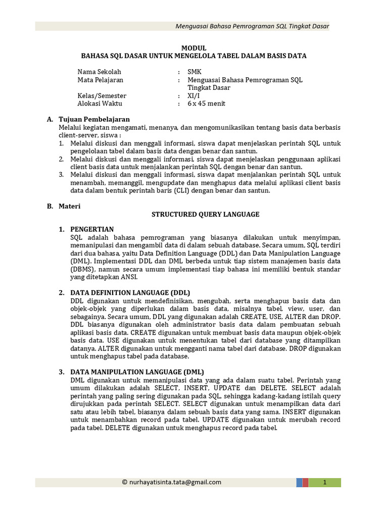 Panduan Dasar Bahasa Pemrograman SQL | PDF