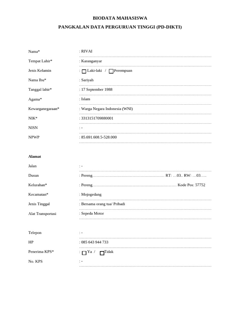 Format-Biodata-Mhs-Ppg Rivai | PDF