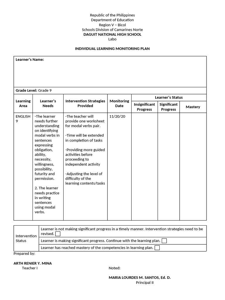 LDM Module 3 Individual Learning Monitoring Plan Template | PDF | Grammar | Human Communication