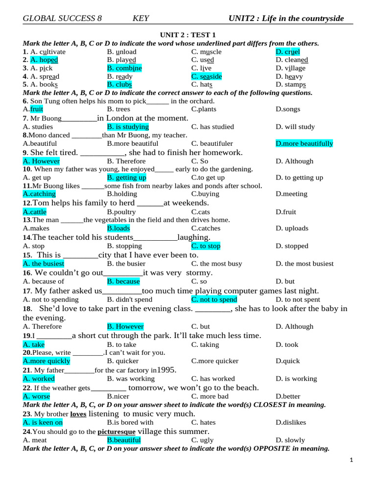 Key-Unit 2 - Practice Test | PDF