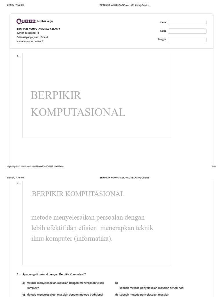 BERPIKIR KOMPUTASIONAL KELAS 9 - Quizizz | PDF | Komputer