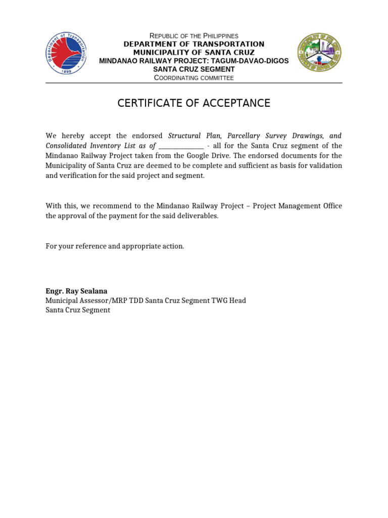 Certificate of Acceptance Plans Cil | PDF | Business
