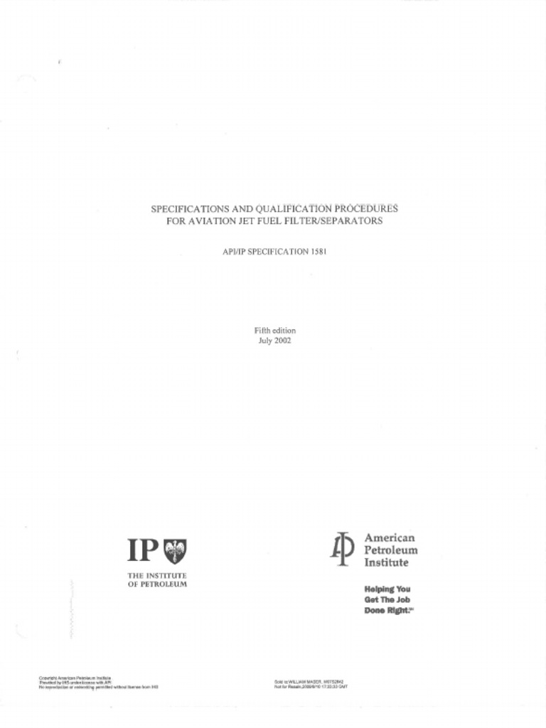 API-IP 1581 Specification and Qualification Procedures Aviation Jet Fuel Filter and Separator | PDF