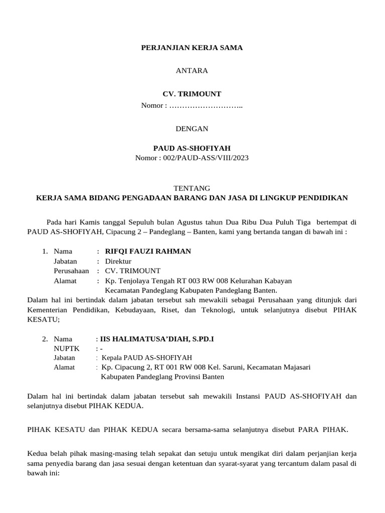 Mou Kemendikbud Dengan Paud As-Shofiyah | PDF