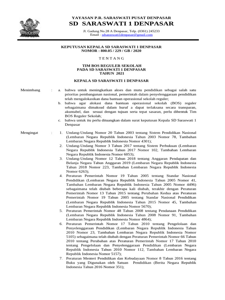 SK Tim BOS Reguler Sekolah 2021 | PDF