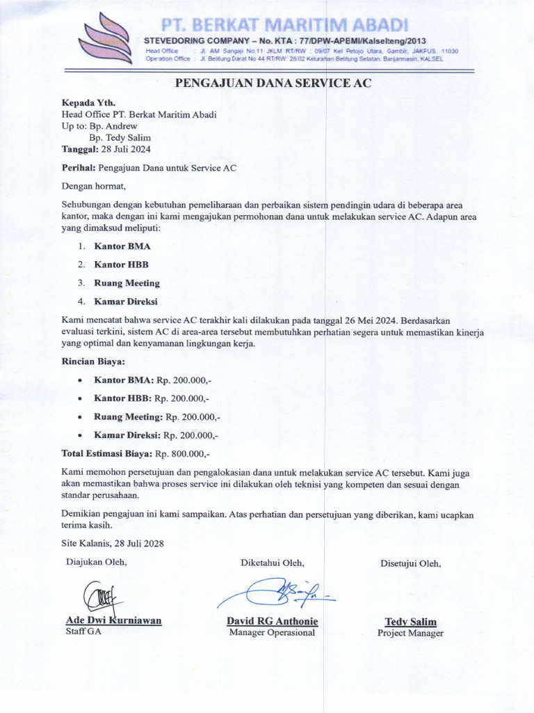 Pengajuan Dana Service AC | PDF