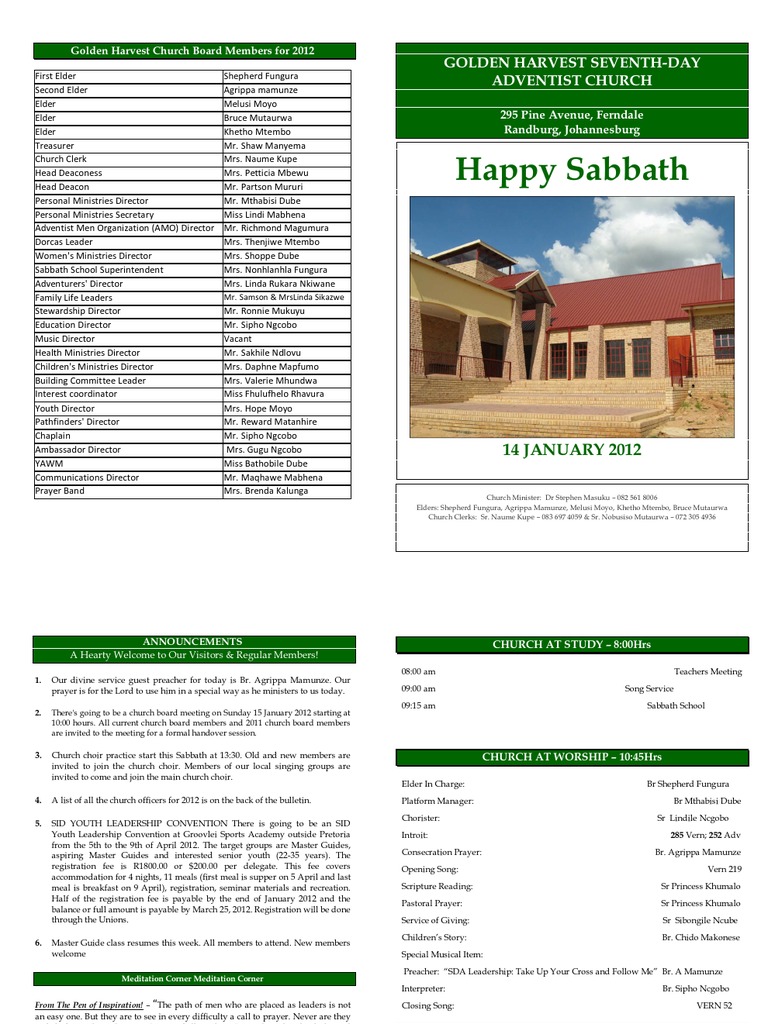 14 Jan Bulletin | PDF | Elder (Christianity) | Seventh Day Adventist Church