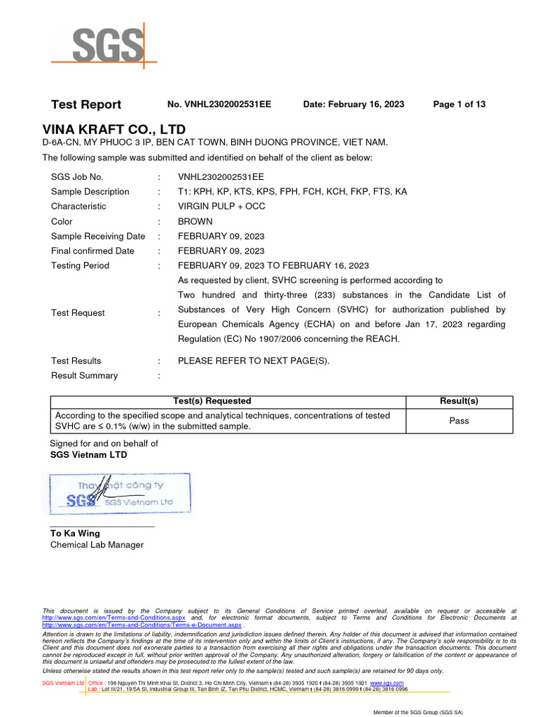 Test Report KRAFT VINA REACH 233 SUBTANCES - T1 | PDF | Forgery ...