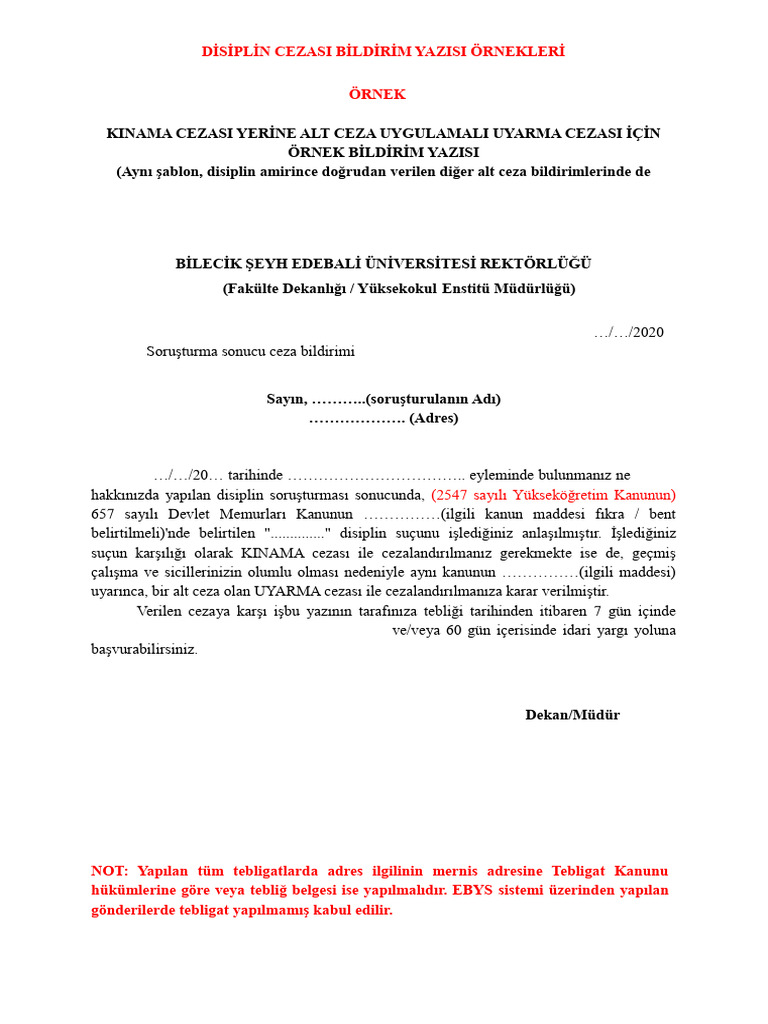453b - 6 DİSİPLİN CEZASI BİLDİRİM YAZISI ÖRNEKLERİ | PDF