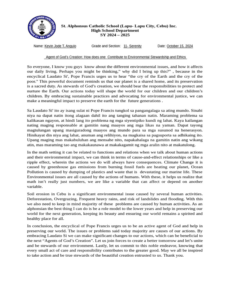 Oral Com Speech Kevin | PDF | Environmental Science | Human Impact On ...