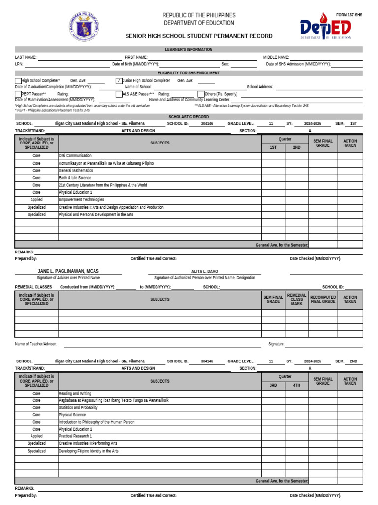 Form137 BLANK-SHS | PDF | Middle Schools | Science
