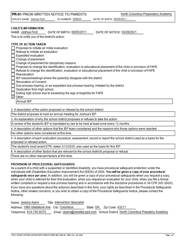 Prior Written Notice To Parents: Child'S Information | PDF ...