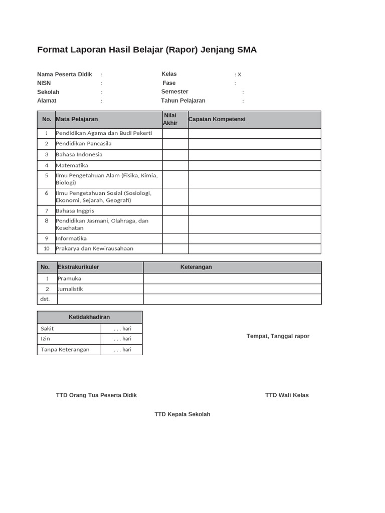 Contoh Format Raport SMA Kelas Kurmer | PDF